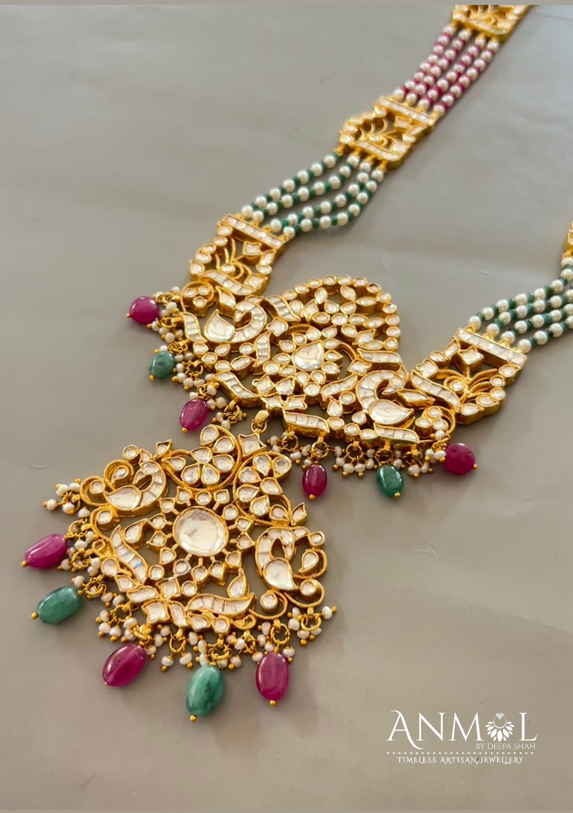 kangana monzonite polki jadau rani haar design necklace with ruby emerald pearl strings in India ...
